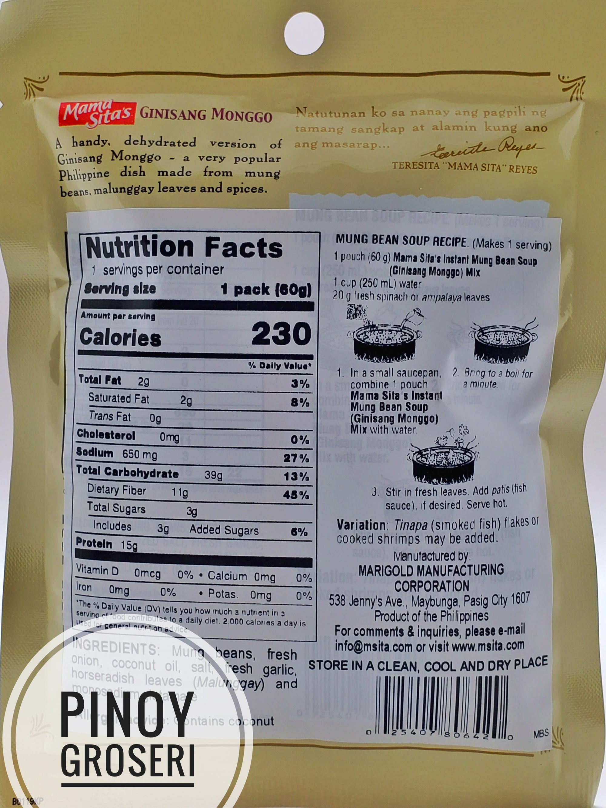 Mama Sita's Ginisang Monggo Mix 2.12oz – Filipino Mung Bean Stew Mix ...